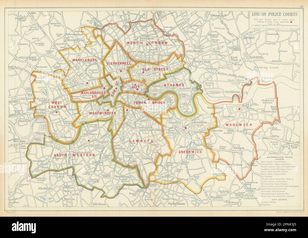 LONDON POLICE COURTS. Showing divisions & court locations. BACON 1913 ...