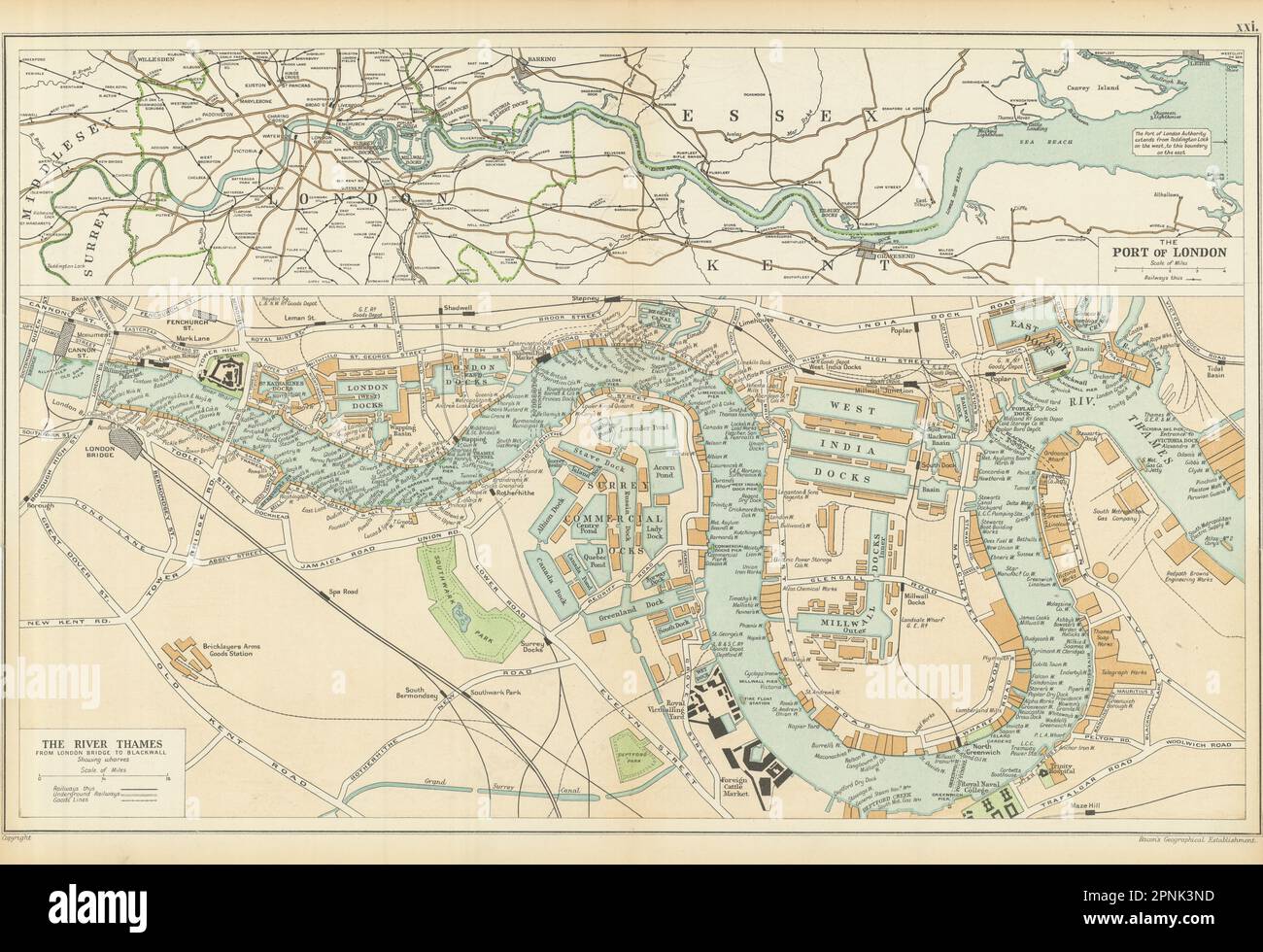 THE PORT OF LONDON showing wharves & docks. Thames. Vintage map. BACON ...
