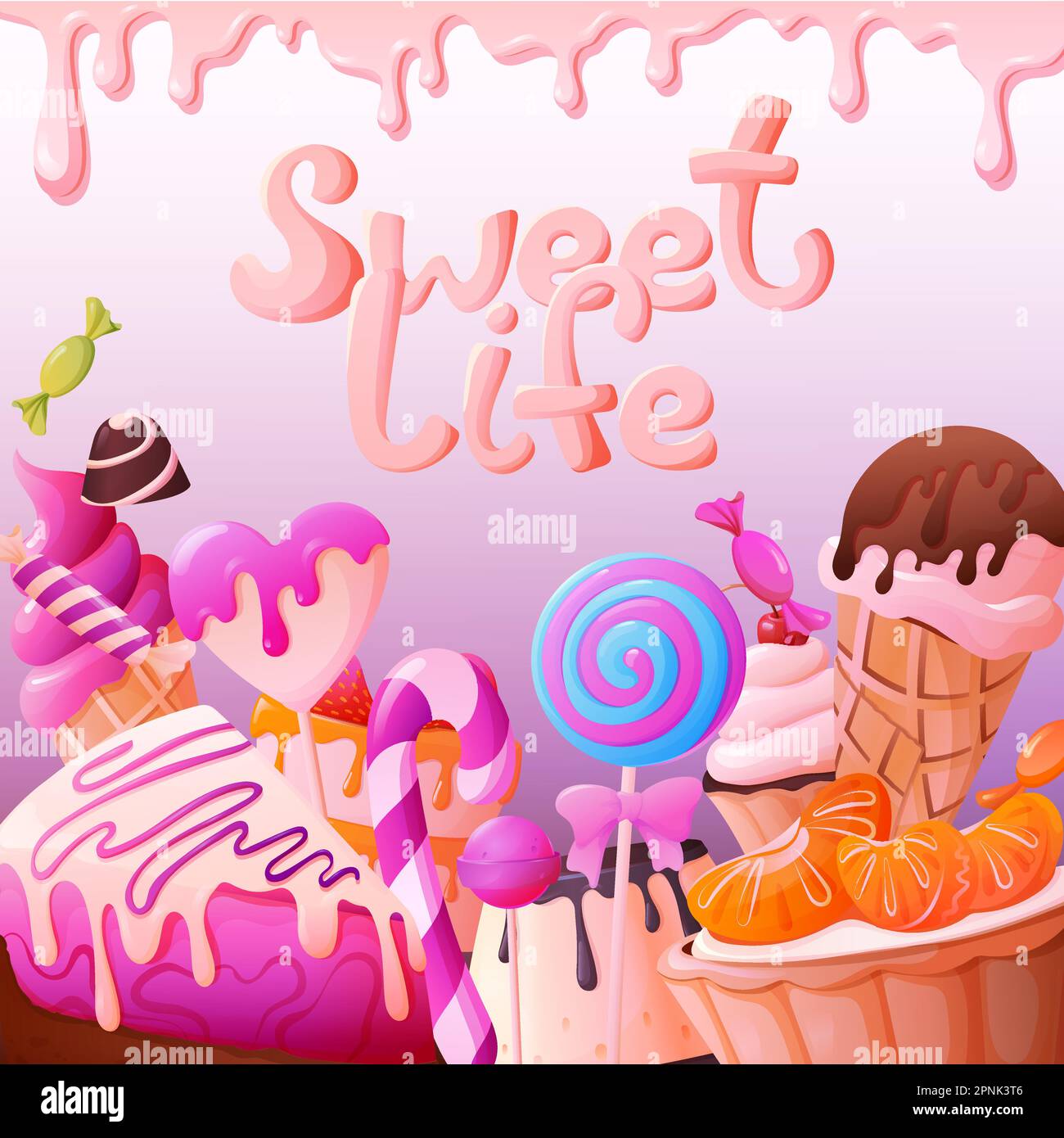 Sweet life cartoon poster with various candies pastry ice cream on ...