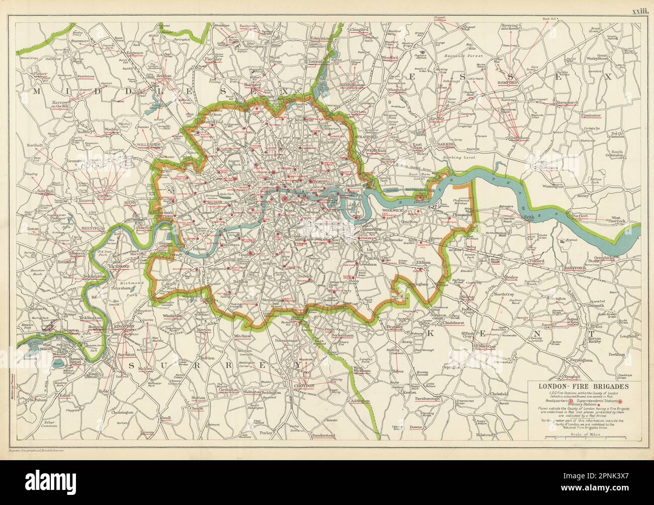 LONDON FIRE BRIGADE. Showing Fire Brigade Stations. Vintage map. BACON ...