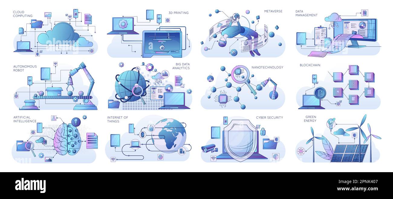 Smart industry 4.0 flat set with blockchain metaverse 3d printing artificial intelligence cloud ...