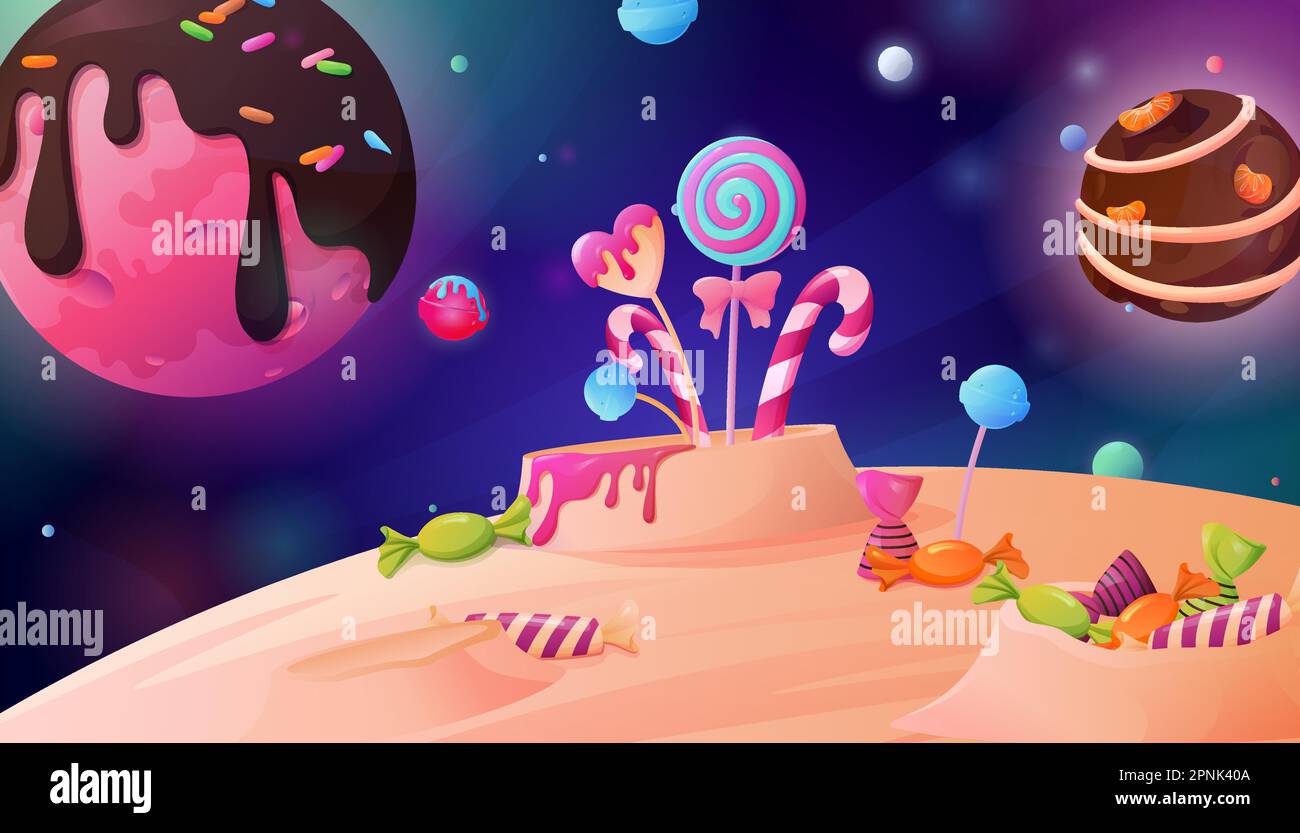 Candy moon solar system landscape background with chocolate planets and lollipops in lunar ...