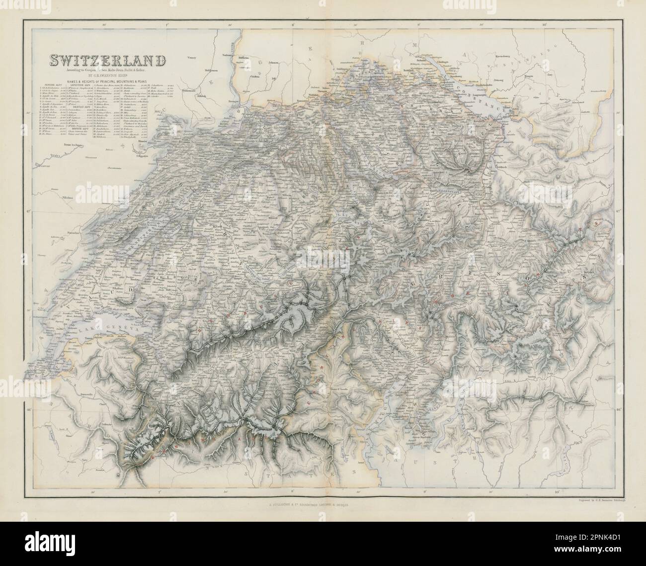 Switzerland with table of 40 highest alpine peaks. SWANSTON 1860 old ...
