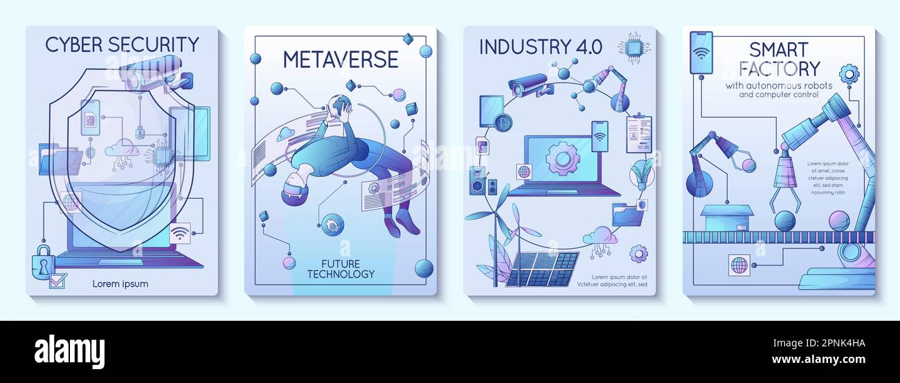 Smart industry 4.0 future technology flat vertical posters set with ...