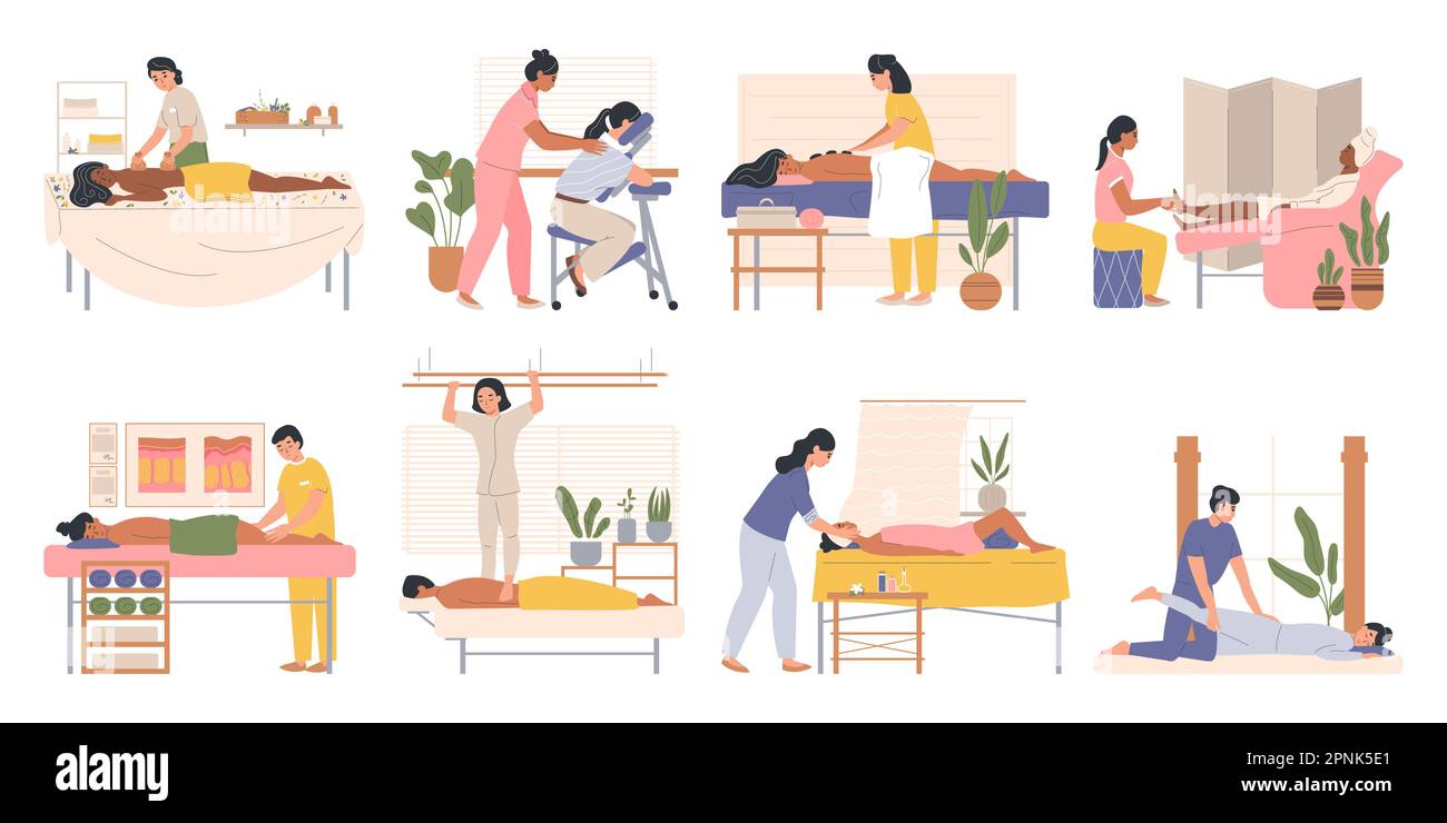 Types of massage set of flat isolated compositions with doodle ...