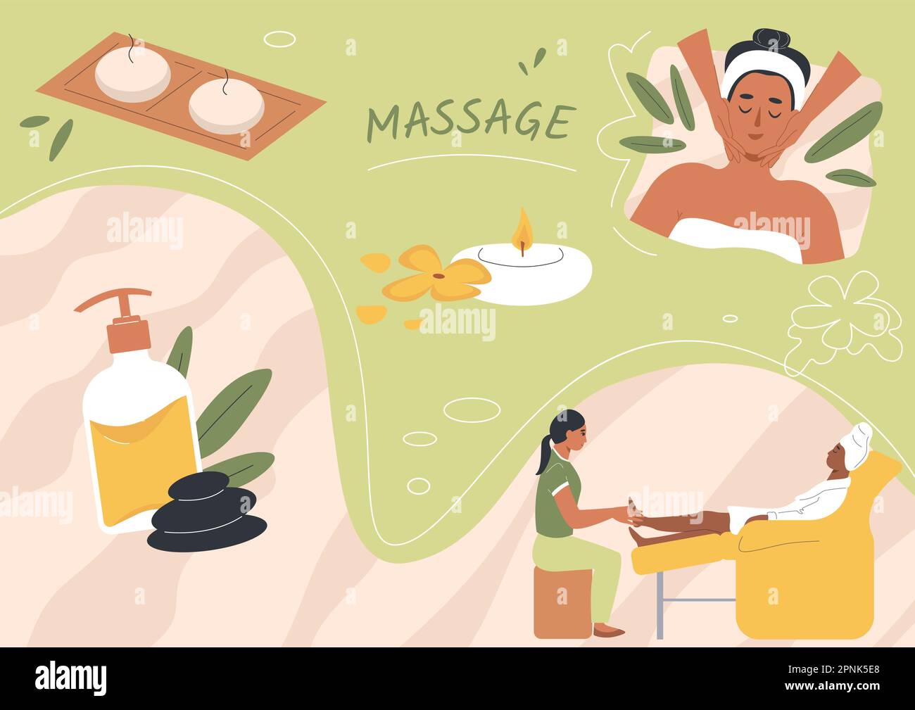 Types of massage flat composition with collage of candle icons oil ...