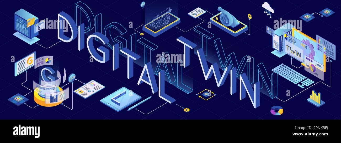 Digital twin isometric horizontal banner with 3d models and scanning ...