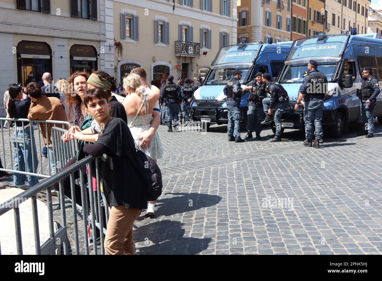 Rome, Italy. 19th Apr, 2023. Police patrol La Barcaccia fountain in ...