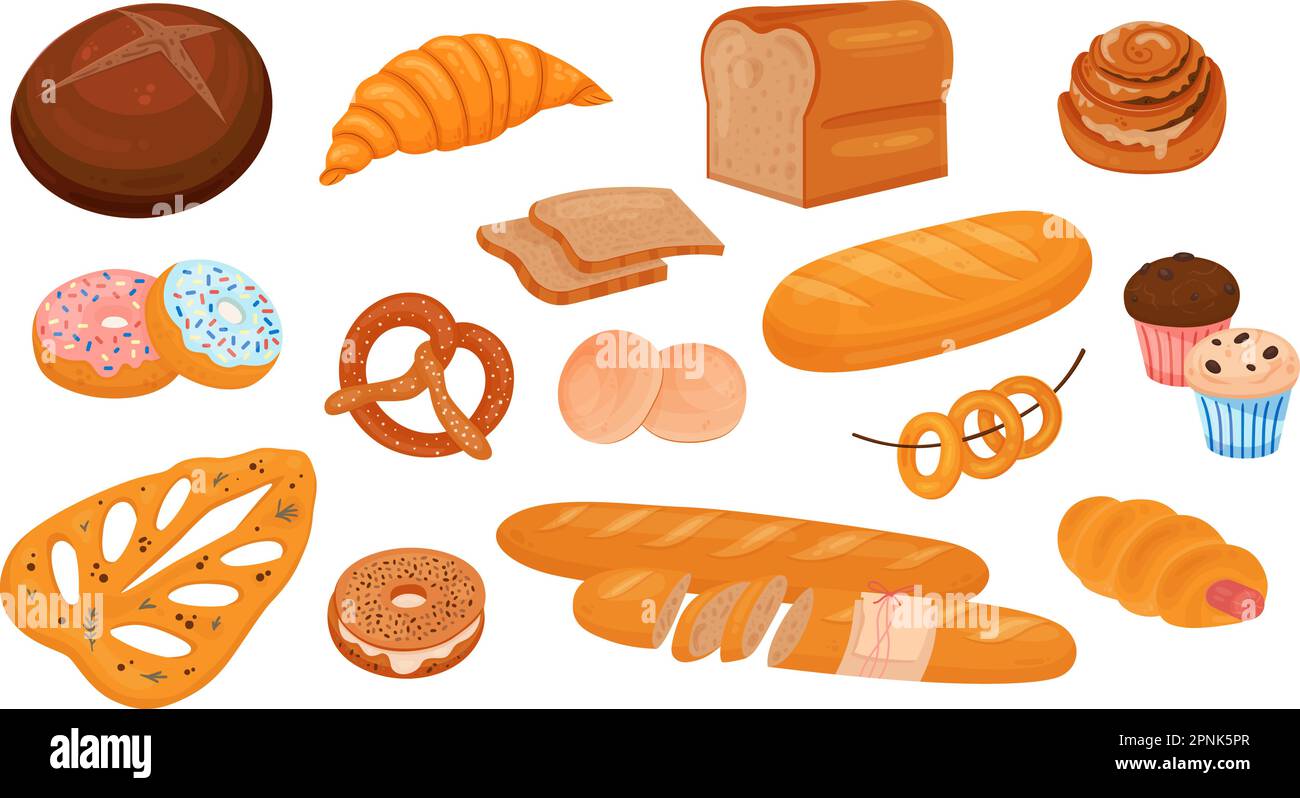 Bakery products flat set of isolated icons with bread loafs cookies ...