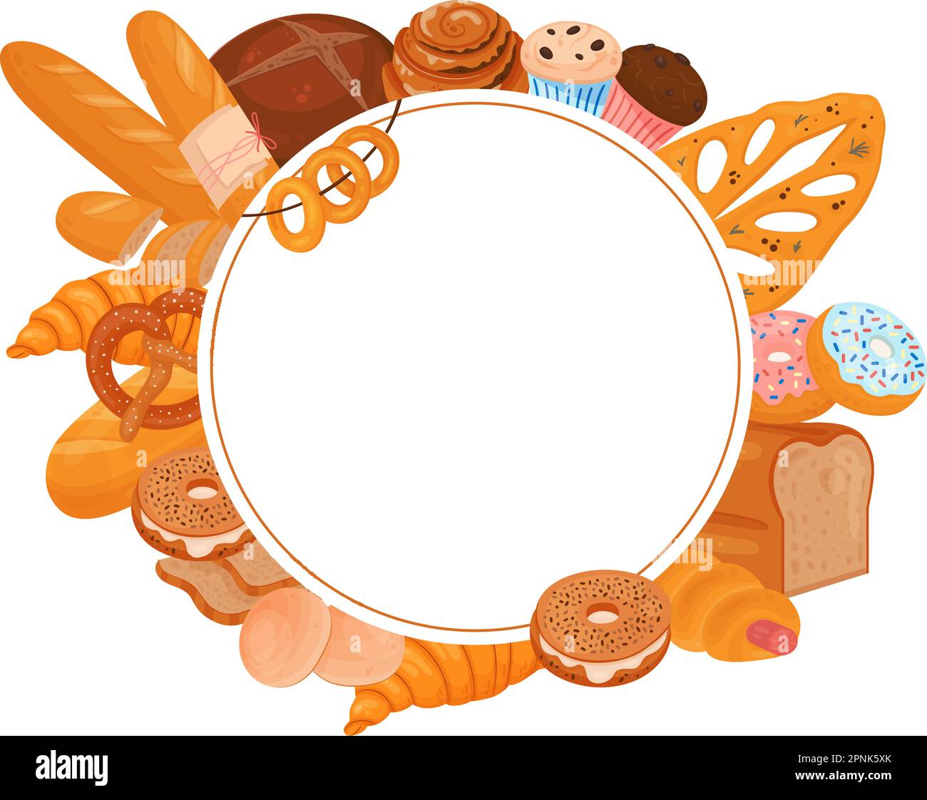 Bakery products flat composition of empty circle surrounded by pastry ...