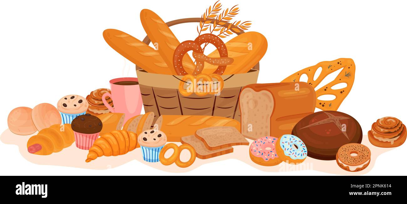 Bakery products flat composition with pile of baked foods with wooden ...