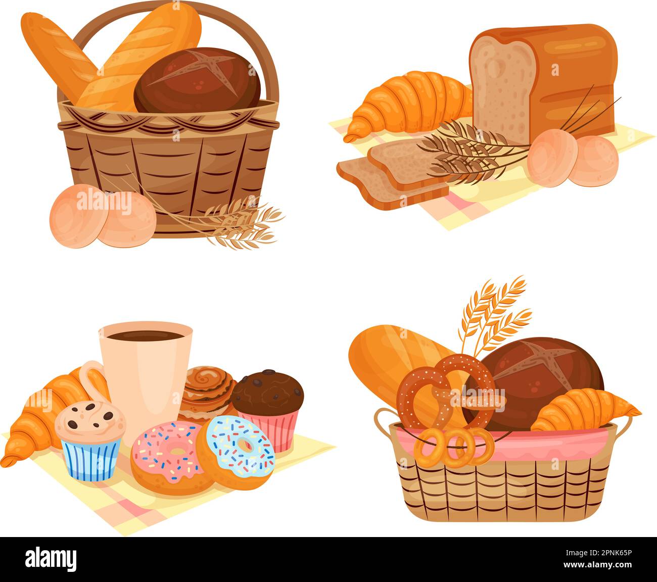 Bakery products flat 2x2 set of isolated compositions with cloth and ...