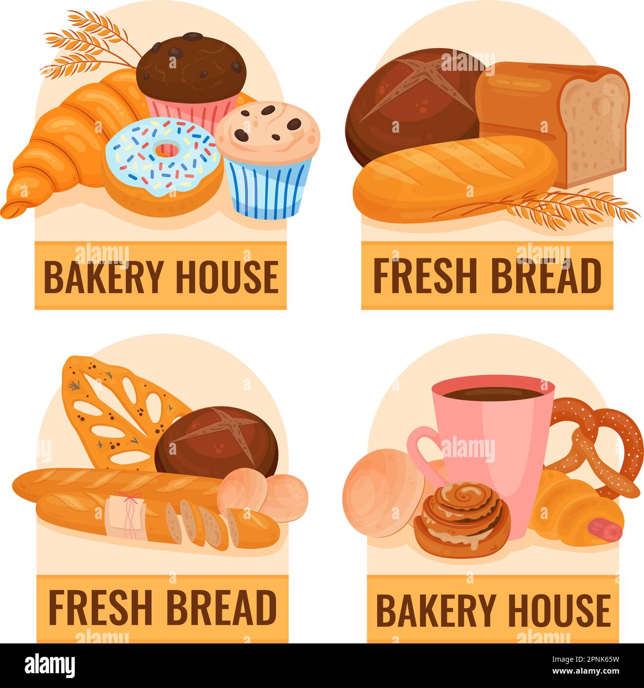 Bakery products set of isolated labels with editable text and flat ...