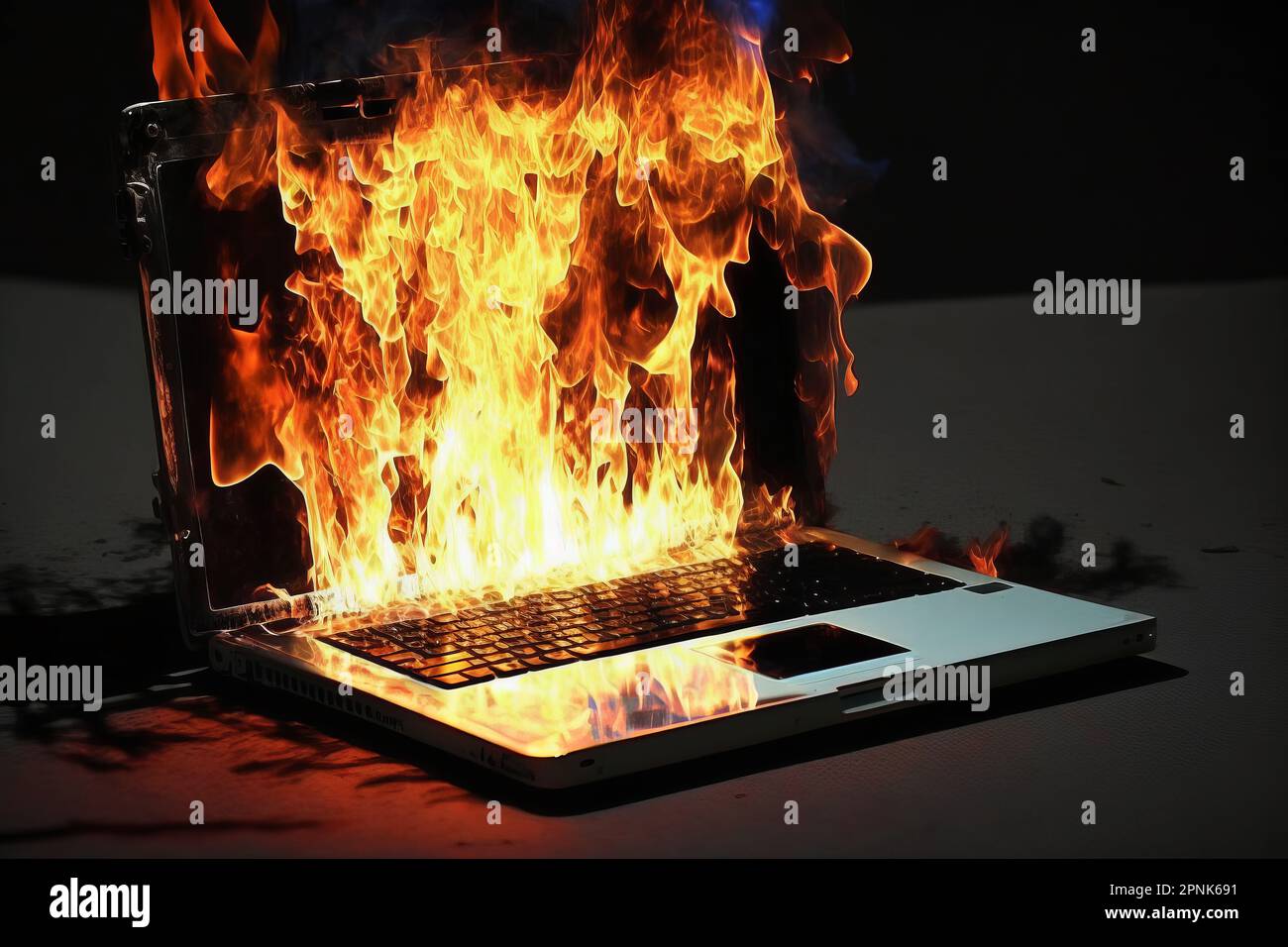 Laptop computer engulfed in flames and burning. Illustration Stock ...