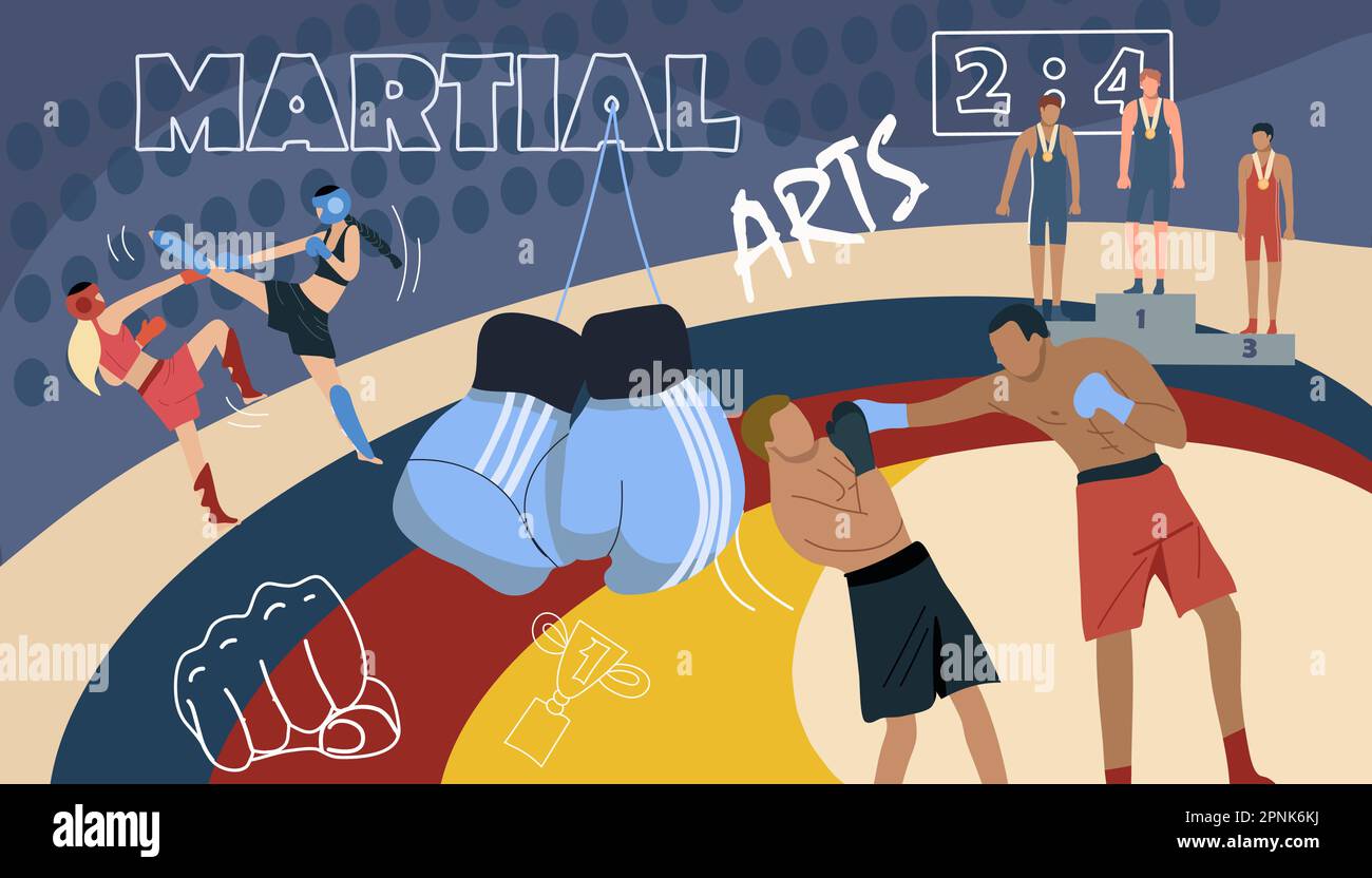 Martial arts collage with championship and duel symbols flat vector ...