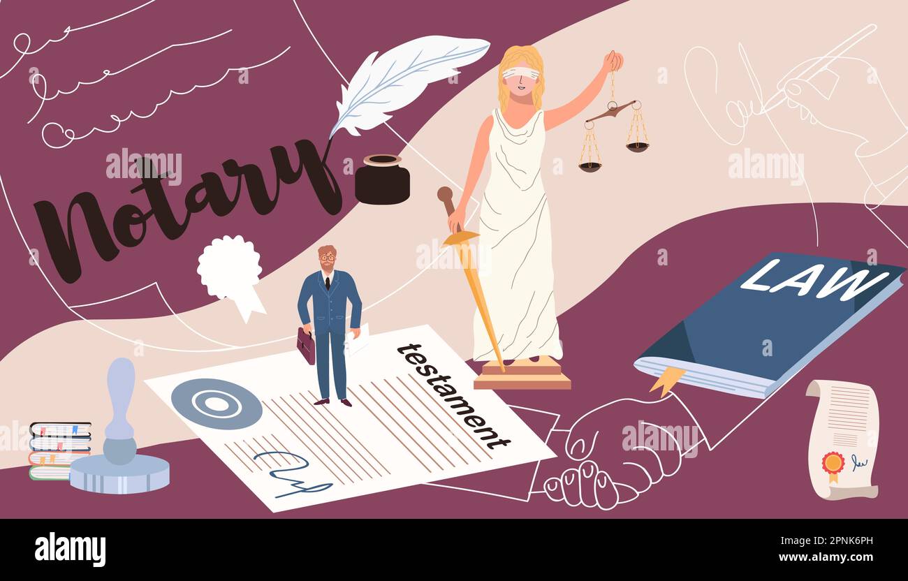 Notary collage with law and testament symbols flat vector illustration ...