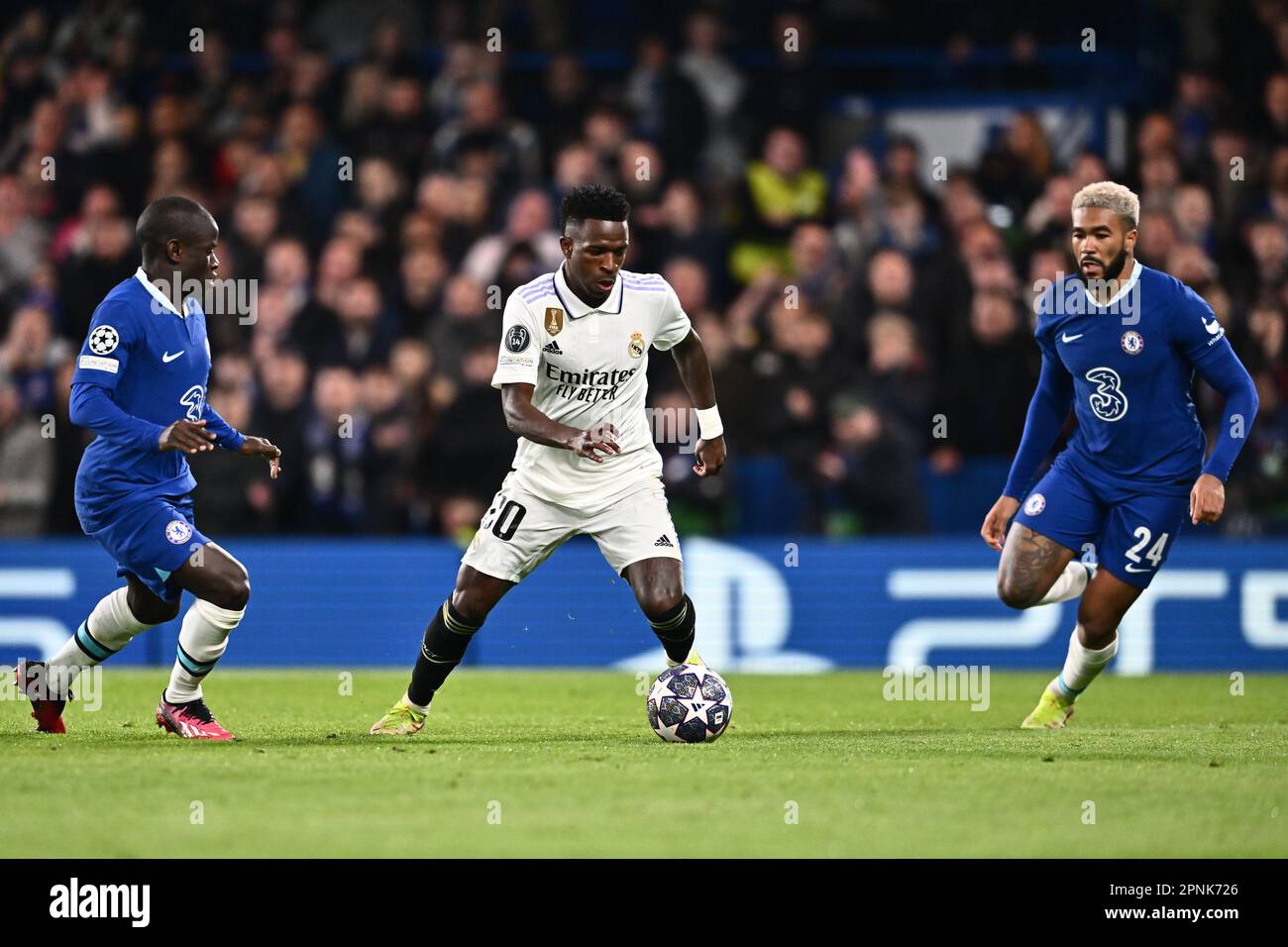 England, London -18 April 2023 - Vinicius Junior of Real Madrid and Reece James and Ngolo Kante ...