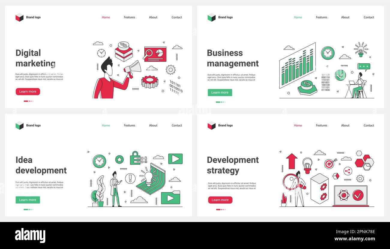 Idea development, strategy and management of online business set vector illustration. Cartoon ...