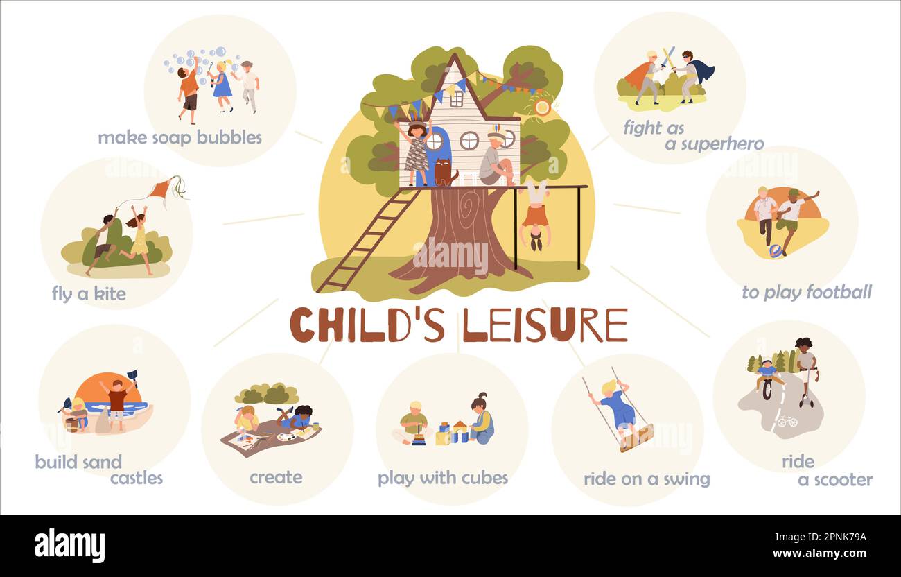 Playing children infographic set with kid leisure symbols flat vector ...