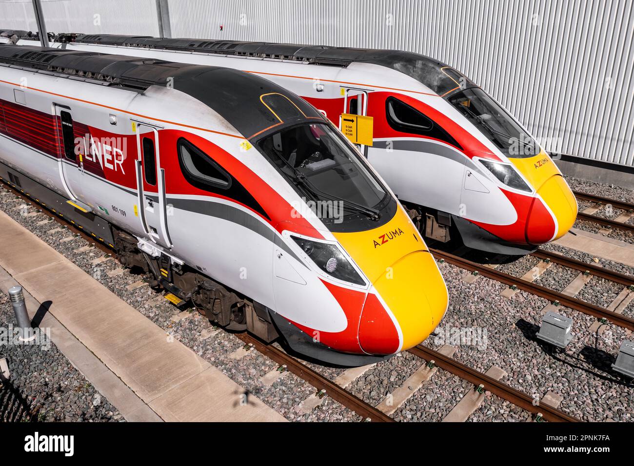 DONCASTER, UK - APRIL, 4 2023. Close up aerial view of two new Hitachi ...