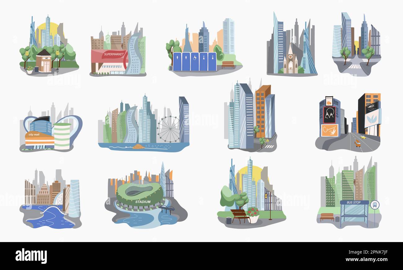 Megapolis city set with architecture symbols flat isolated vector ...