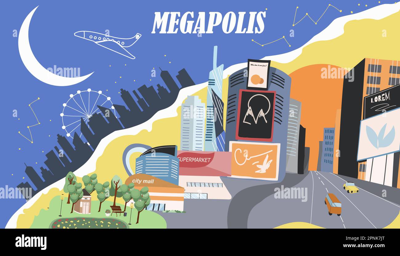 Megapolis city collage with sport and religion buildings symbols flat ...