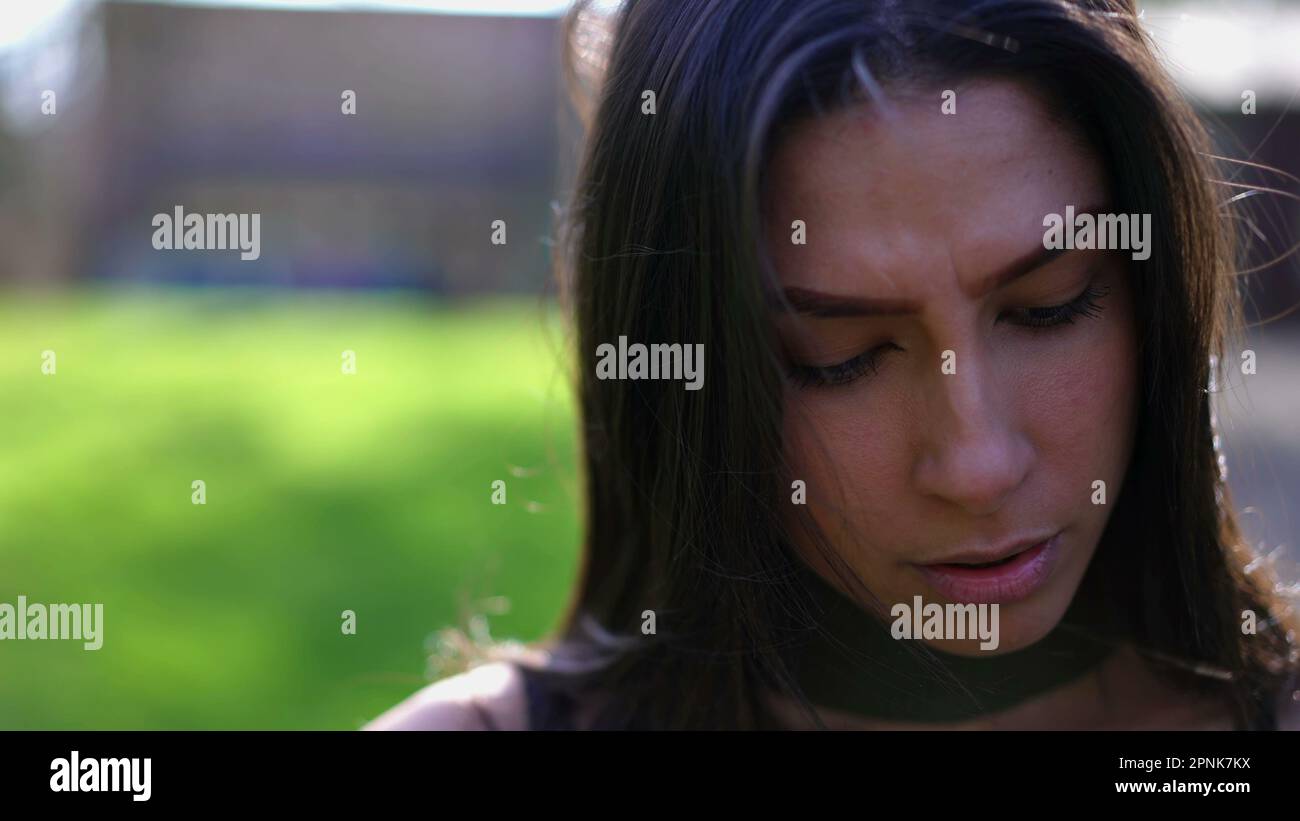 One thoughtful woman closeup face imagining idea. Female person ...