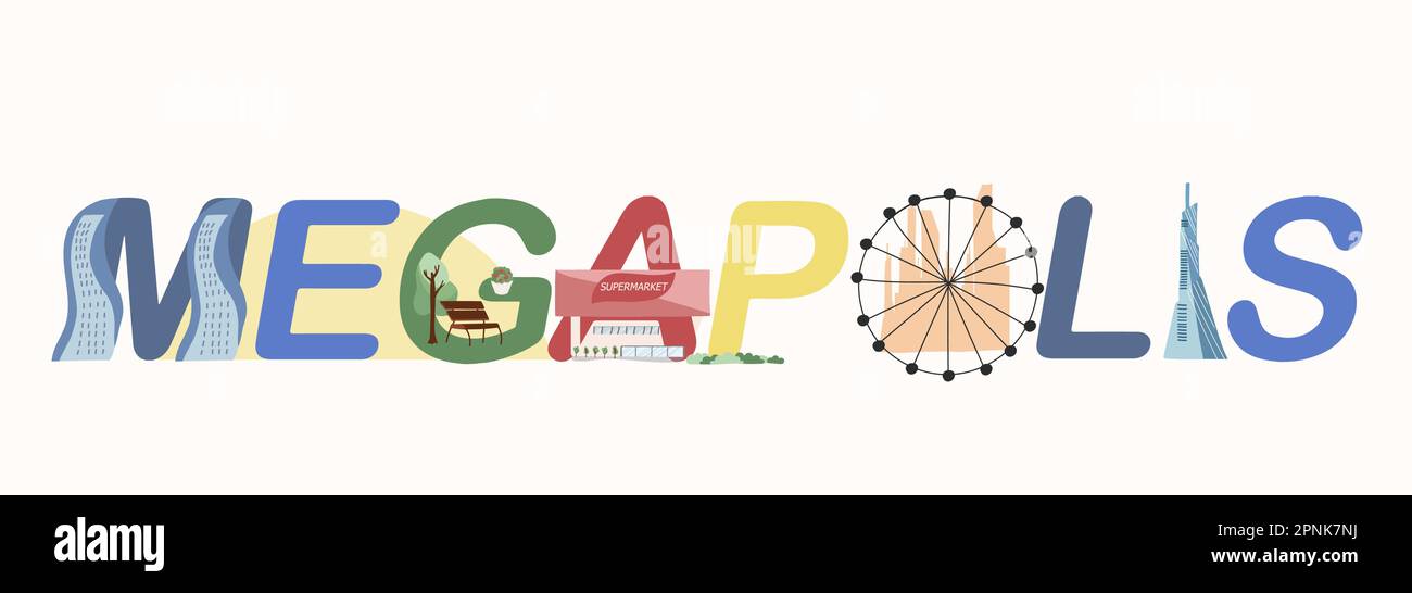 Megapolis city text concept with urban cityscape symbols flat vector ...