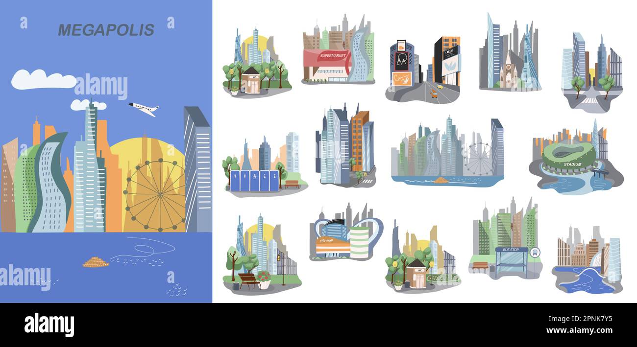 Megapolis city composition set with landmark and architecture symbols ...