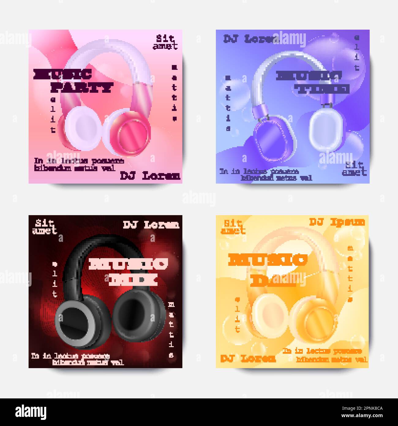 Music time colorful club posters set decorated with headphones isolated ...