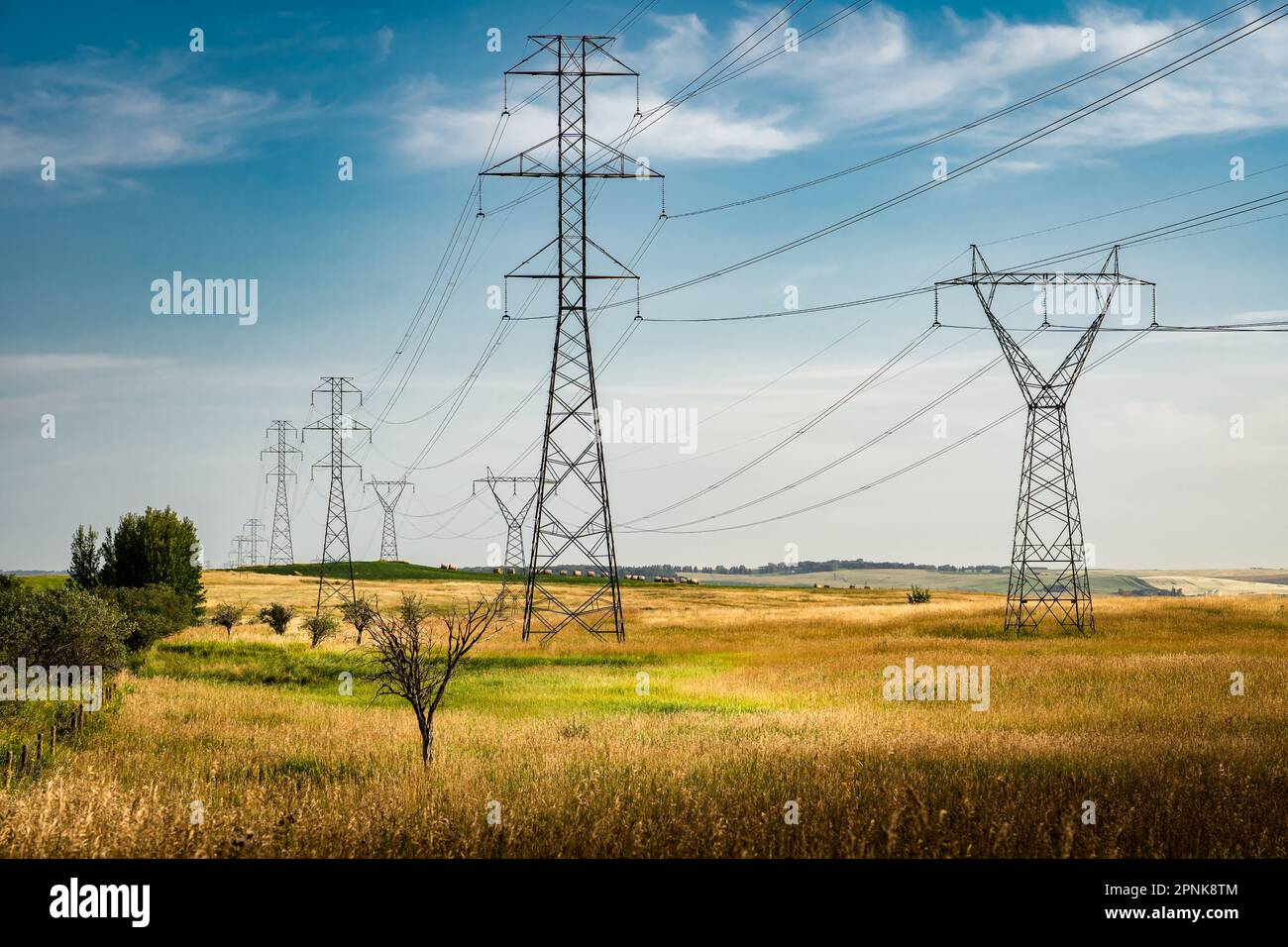 Powerlines hanging from tall steel towers overlooking natural ...