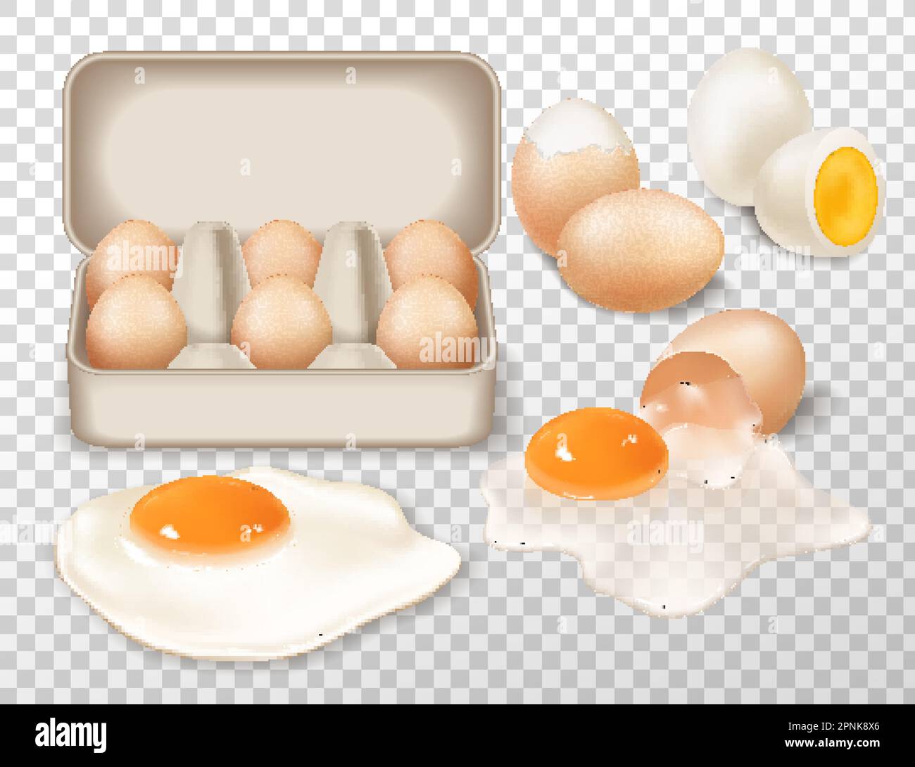 Farm eggs realistic composition consisting of fried boiled and raw eggs at transparent ...