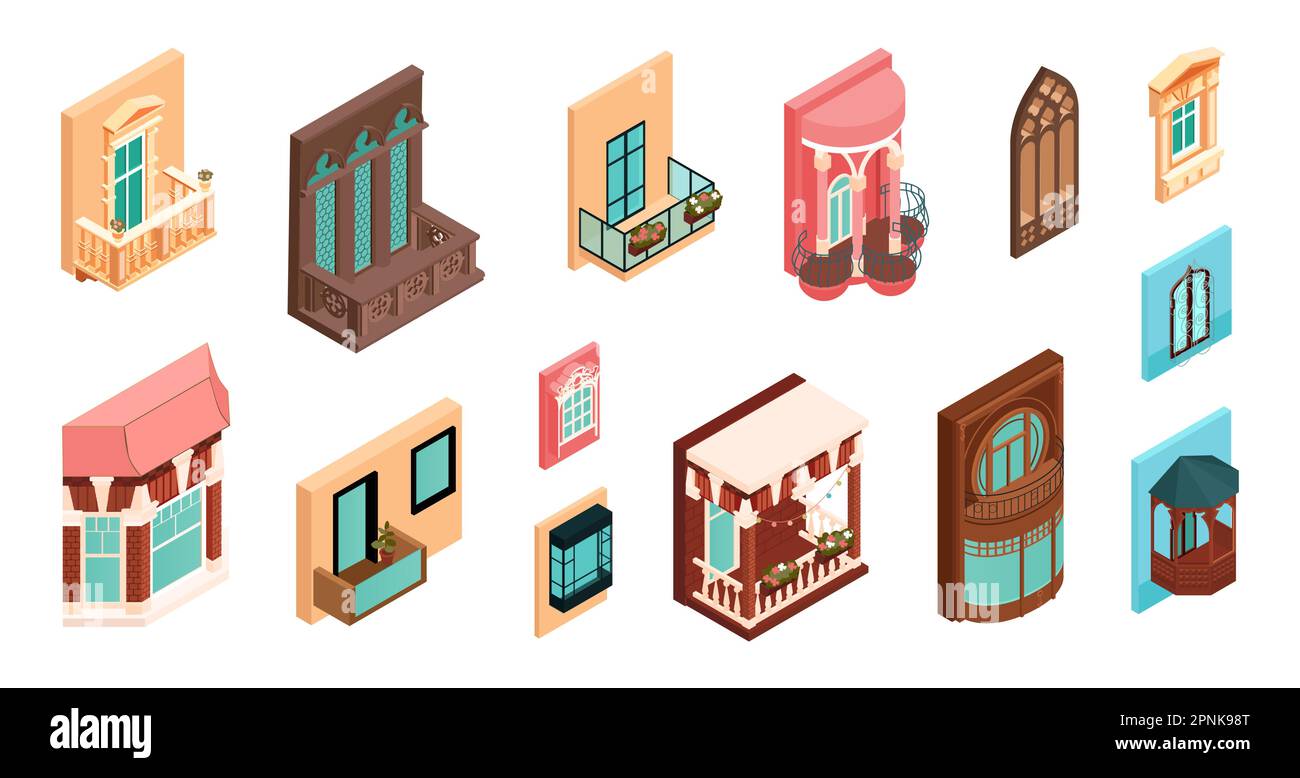 Isometric windows balconies house facade set with isolated icons of ...