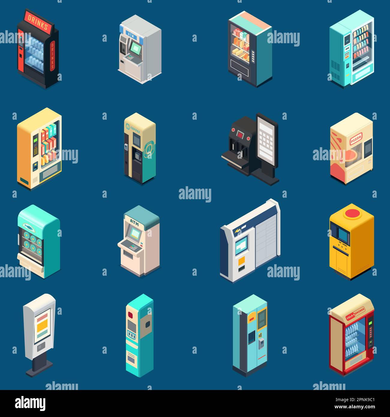 Vending machine isometric set of isolated icons with various models of electronic terminals for ...
