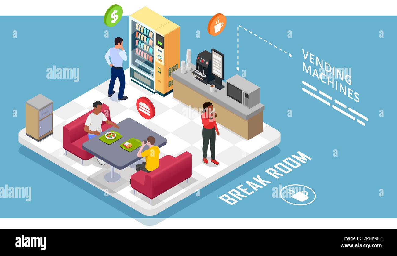 Vending machine isometric composition with isolated view of office ...