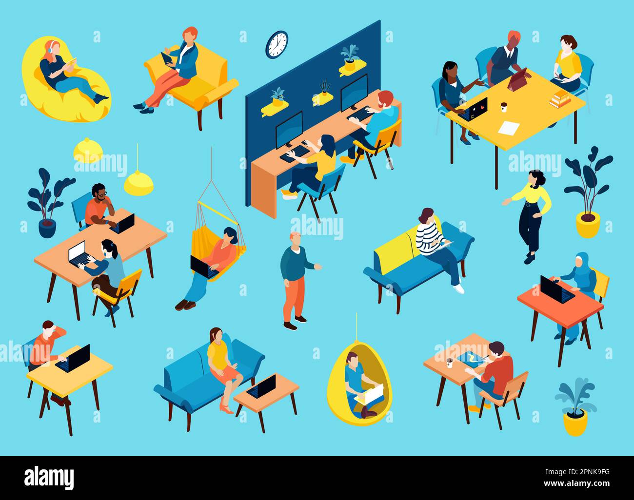 Isometric freelancer coworking space set with isolated icons of working ...
