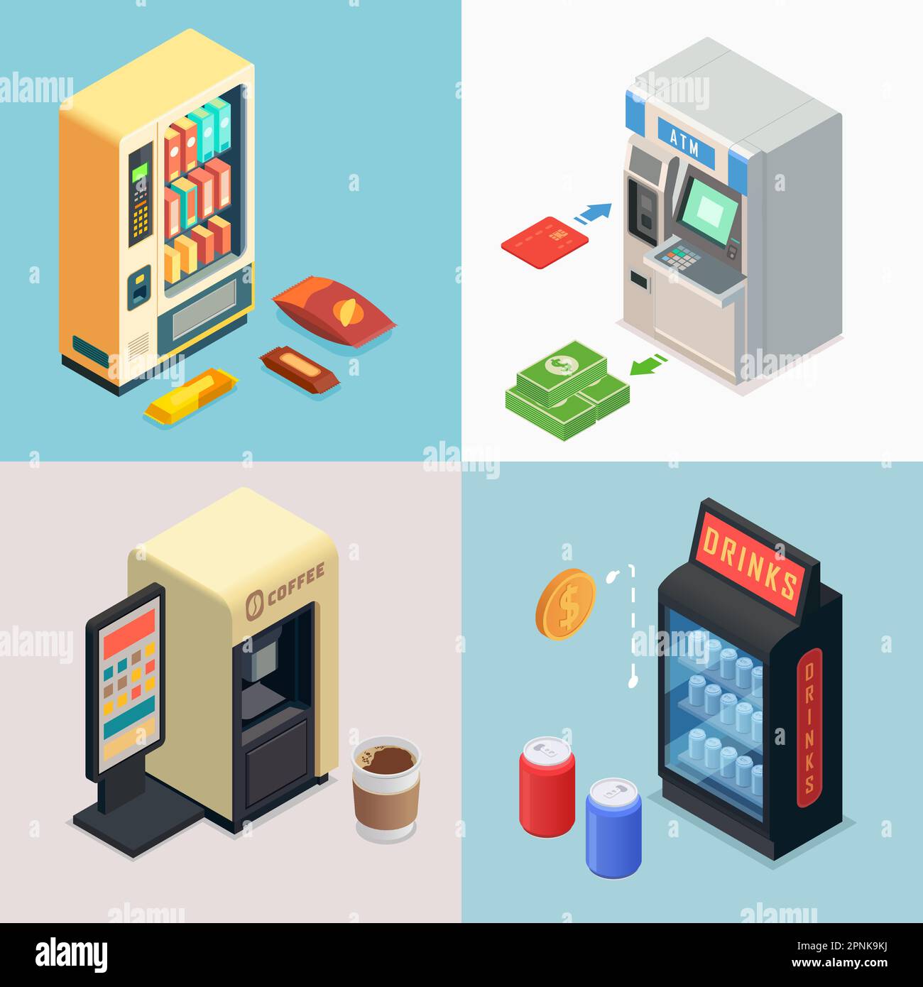Vending machine isometric set with square compositions of atm drinks coffee machine with cash ...