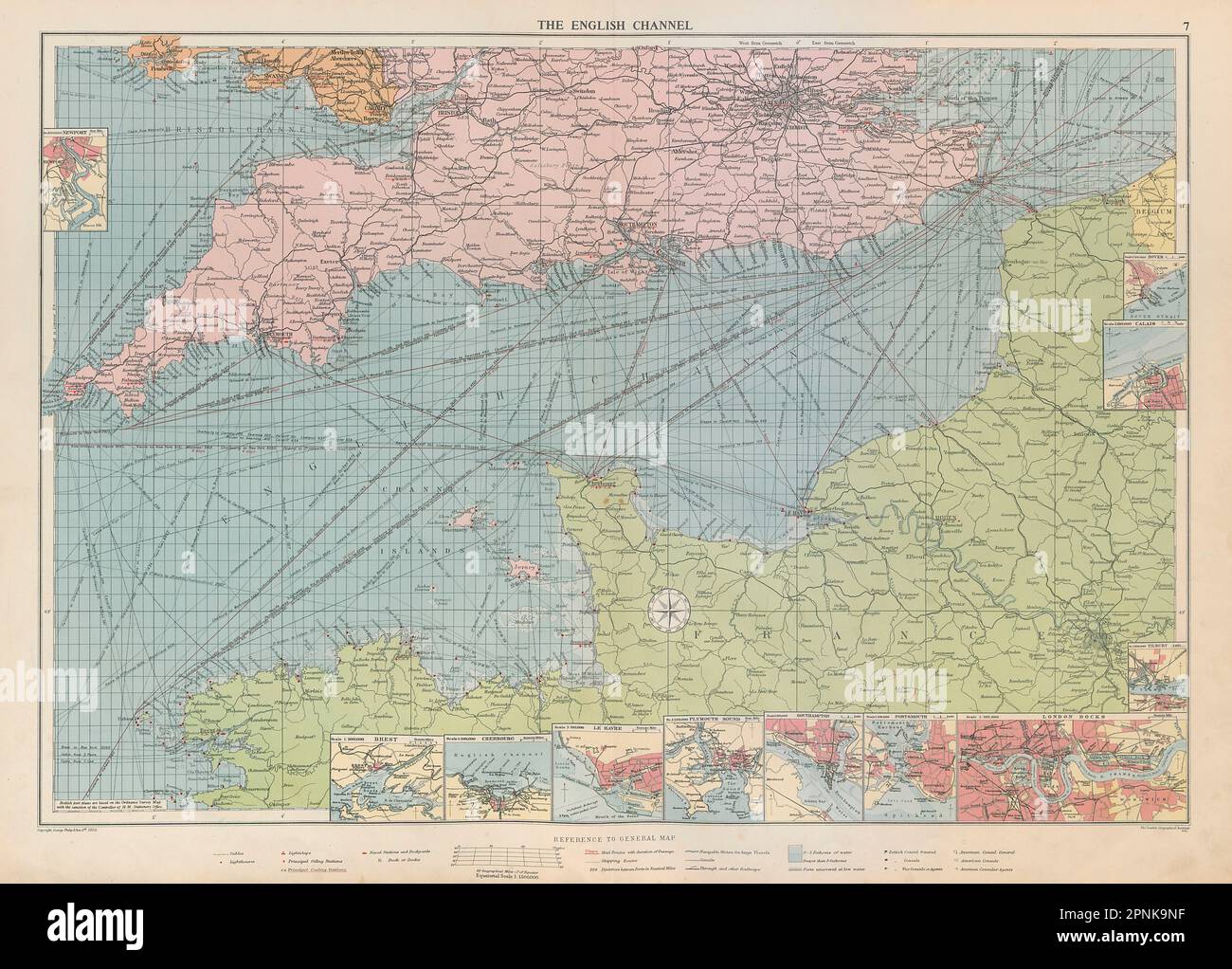 English Channel sea chart. Ports lighthouses mail routes. LARGE 1952 ...