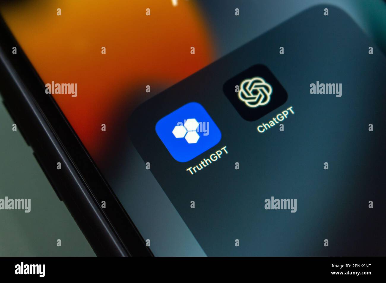 TruthGPT and ChatGPT logos seen in an iPhone. TruthGPT is an generative AI platform that Elon ...