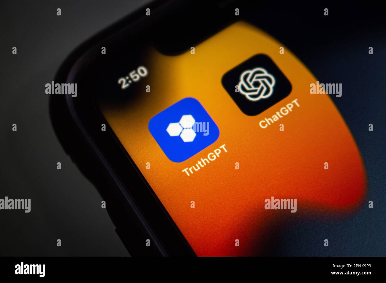 TruthGPT and ChatGPT logos seen in an iPhone. TruthGPT is an generative AI platform that Elon ...