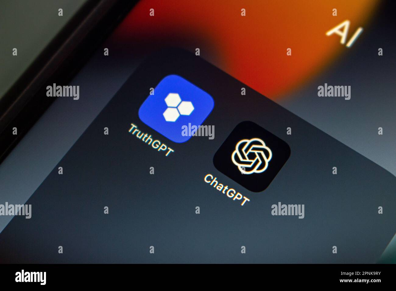 TruthGPT and ChatGPT logos seen in an iPhone. TruthGPT is an generative AI platform that Elon ...