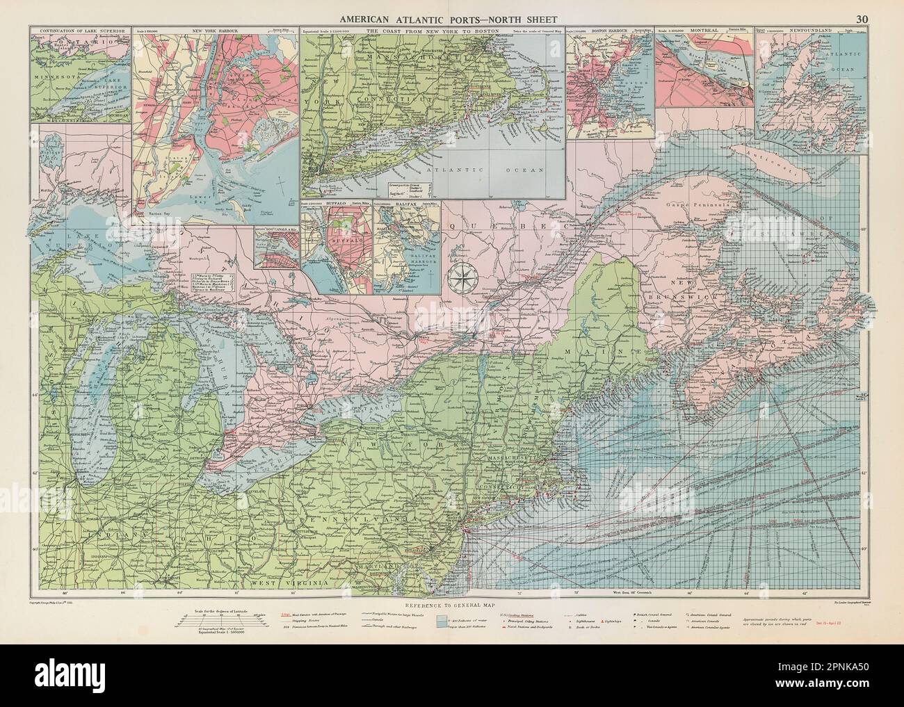 US Canada Atlantic & Great Lakes ports sea chart. Lighthouses &c LARGE ...