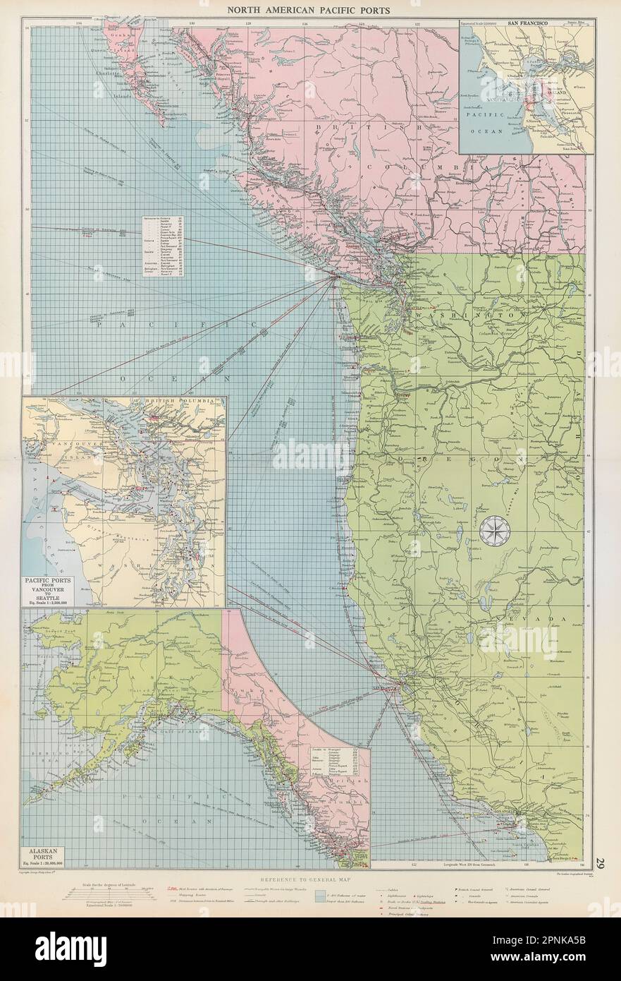 US Canada North America Pacific Ports sea chart Vancouver SF LA LARGE ...