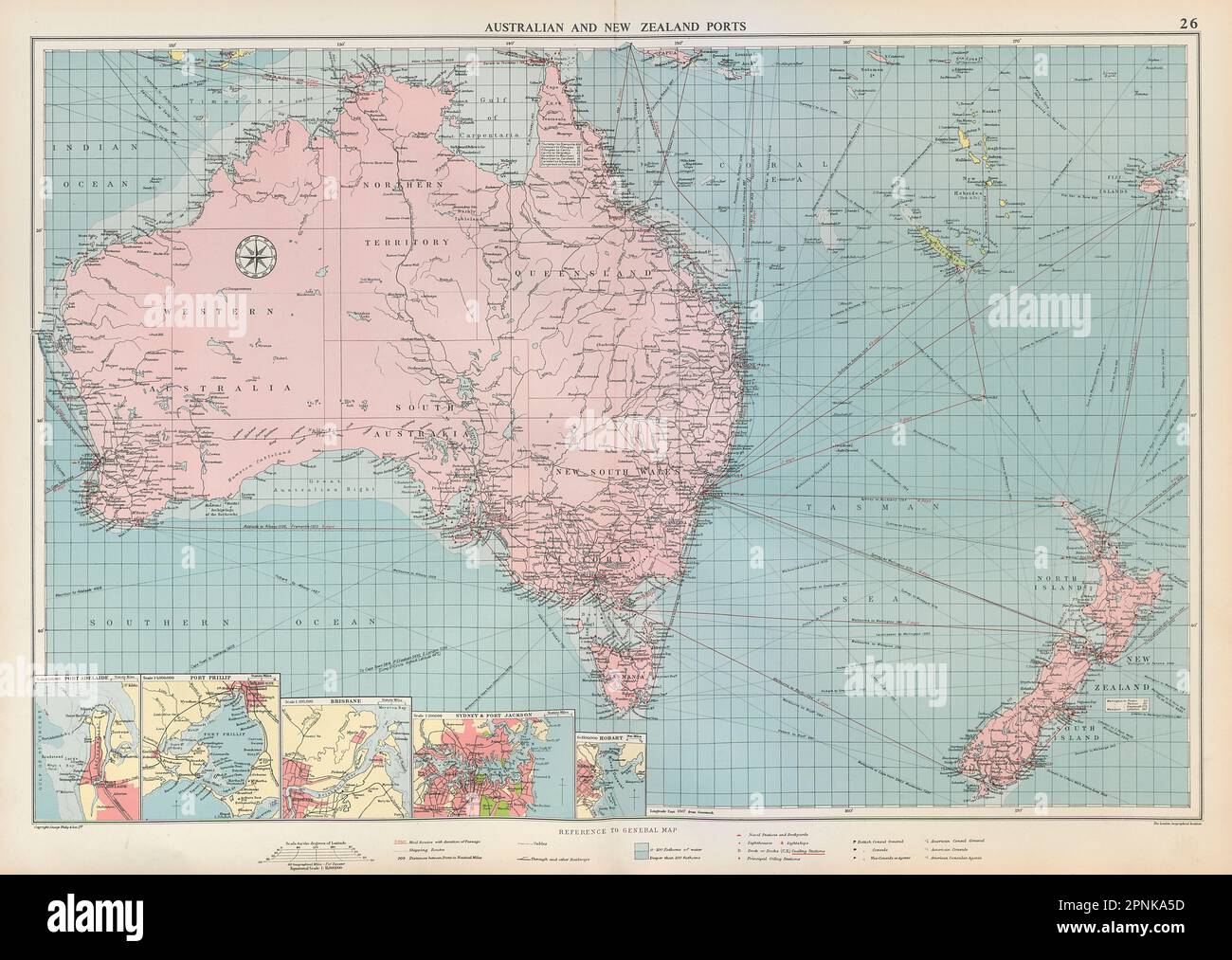 Australian & New Zealand ports chart lighthouses mail route LARGE 1952 ...