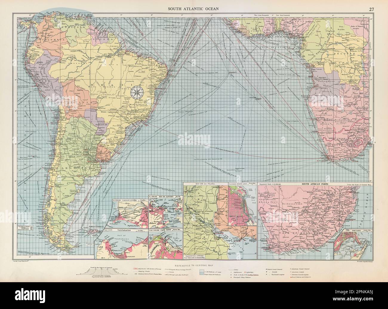 South Atlantic Ocean sea chart. Ports lighthouses mail routes. LARGE ... South Atlantic Ocean sea chart. Ports lighthouses mail routes. LARGE ...