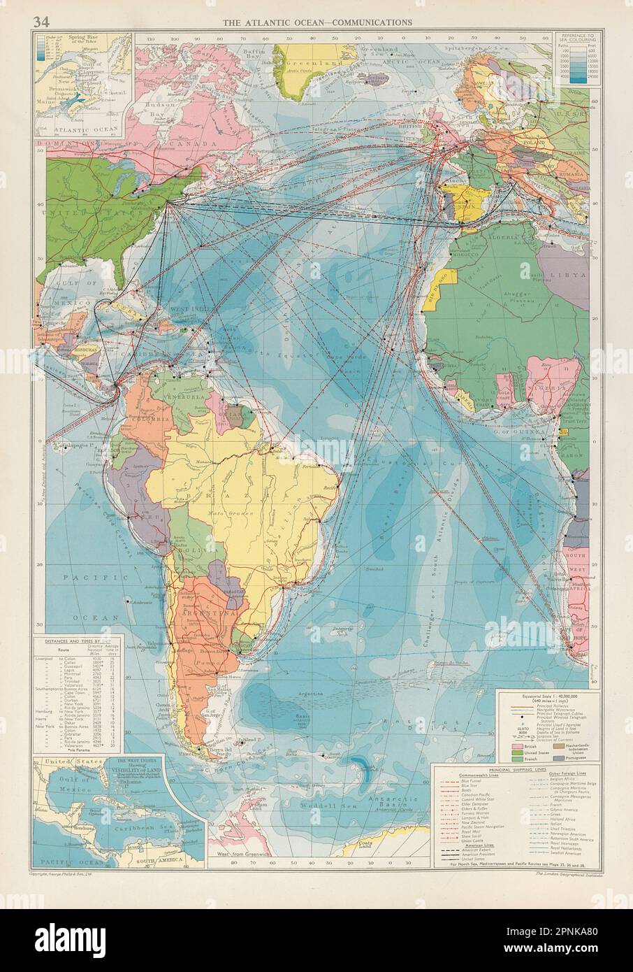 Atlantic Ocean. Cables Wireless Stations Land visibility Shipping lines ...