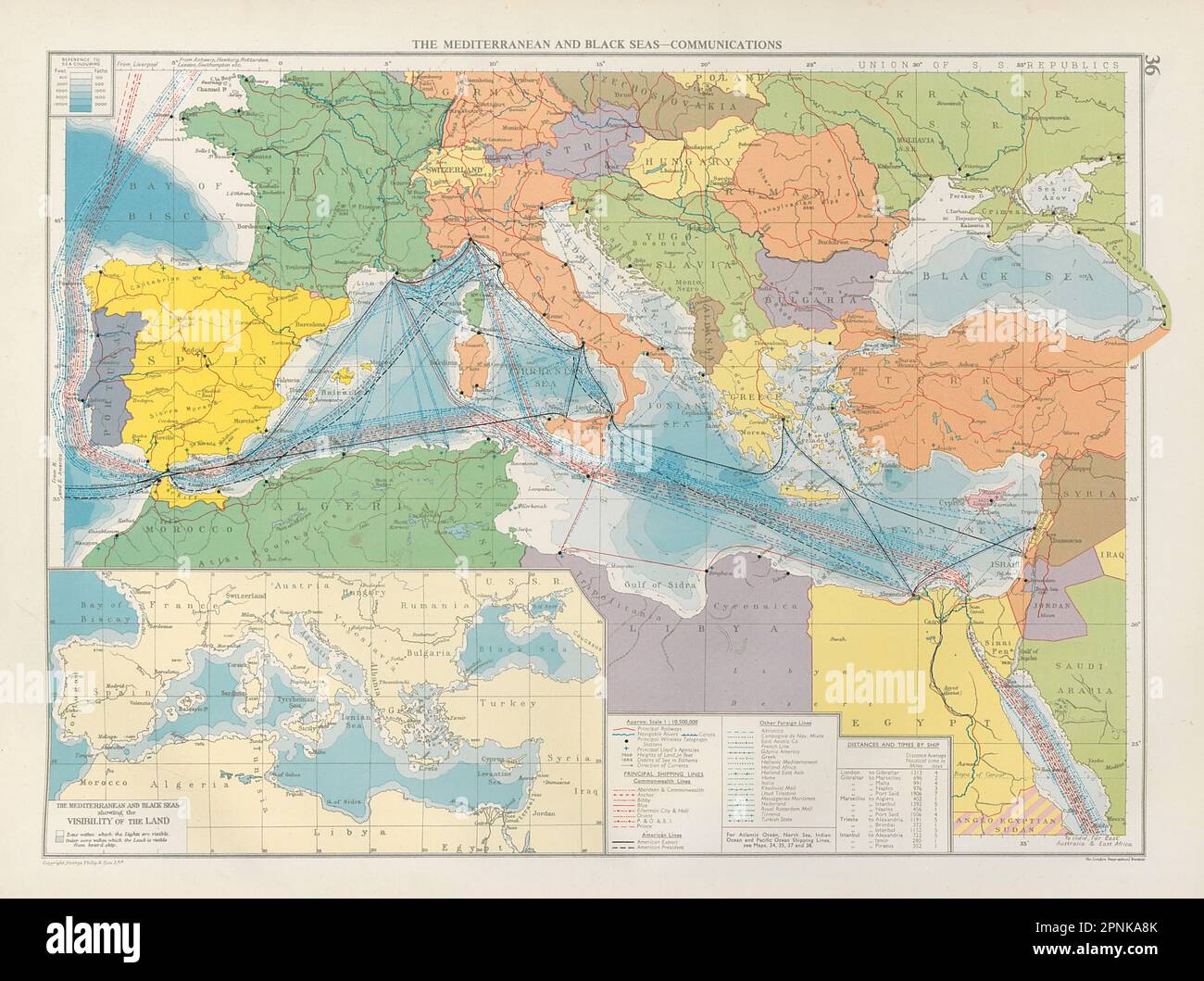 Mediterranean & Black Seas. Cables. Land visibility. Shipping lines ...