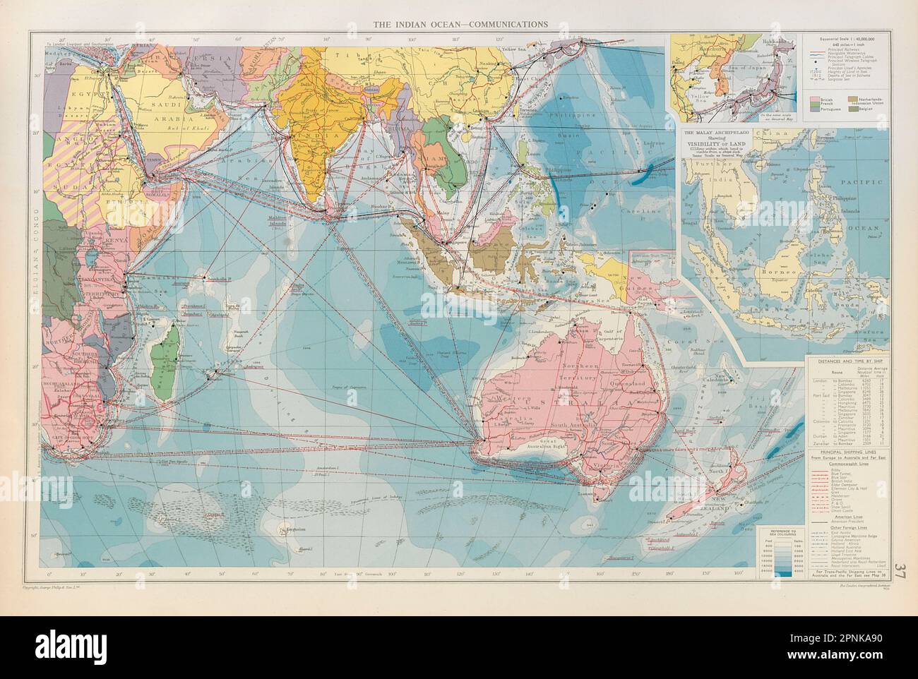 Indian Ocean. Cables Wireless Stations. Land visibility. Shipping lines ...