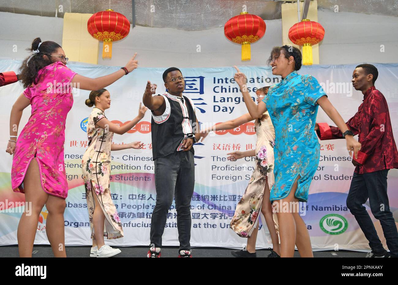 Windhoek, Namibia. 19th Apr, 2023. Students perform a dance during the ...