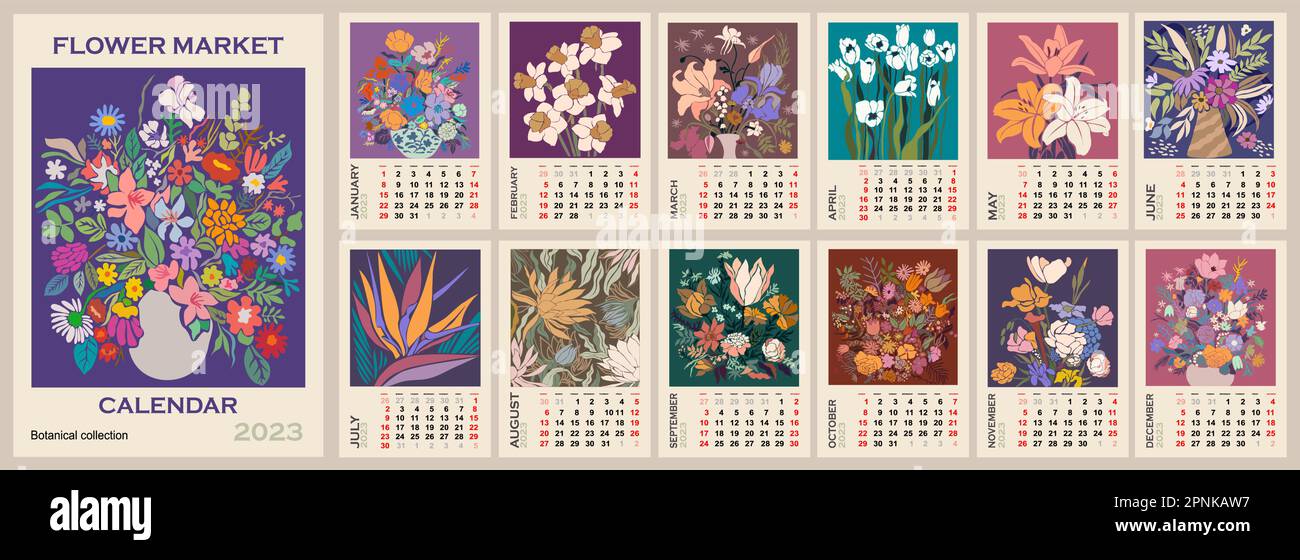Floral calendar template for 2023 Flower Market Stock Vector Image ...
